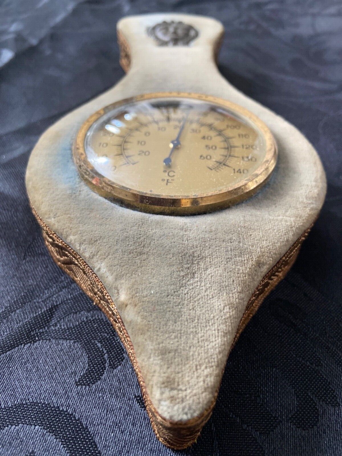 Antique Wall Thermometer wood & velvet with vintage decal & brass Ghost ...