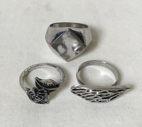 3 Hot Topic rings, silver chunky diamond, rose w/leaves, insect wing ...