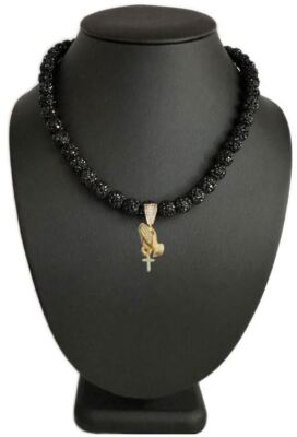 Iced Disco Ball Baseball Drip Necklace Black 14K Gold Plated Cross ...