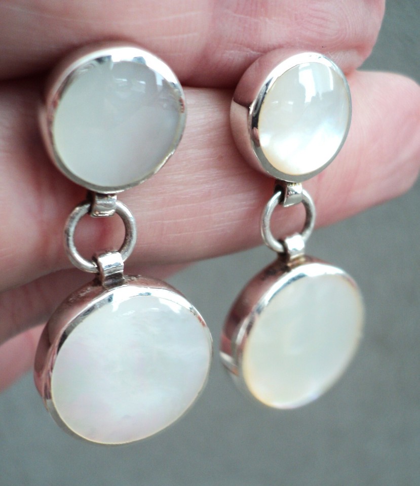 Shimmery Double Drop ABALONE Shell MOP Sterling SILVER EARRINGS Signed ...
