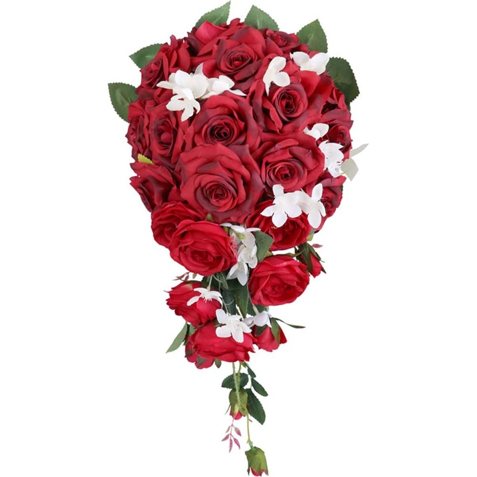 Wedding Bouquet Bride Flower Bridal Bouquets, Dark Red Artificial Roses ...