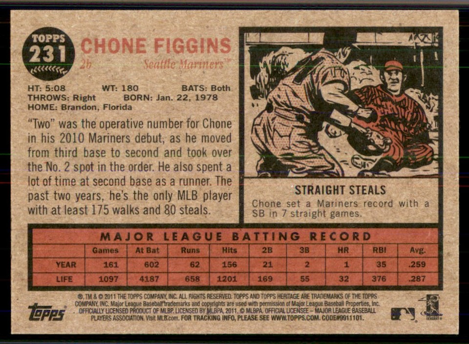 2011 Topps Heritage #231 Chone Figgins Seattle Mariners | eBay