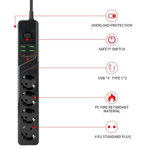 Standard Power Strip 4 EU Plugs Sockets 4 USB 2 Type C Ports Overload ...
