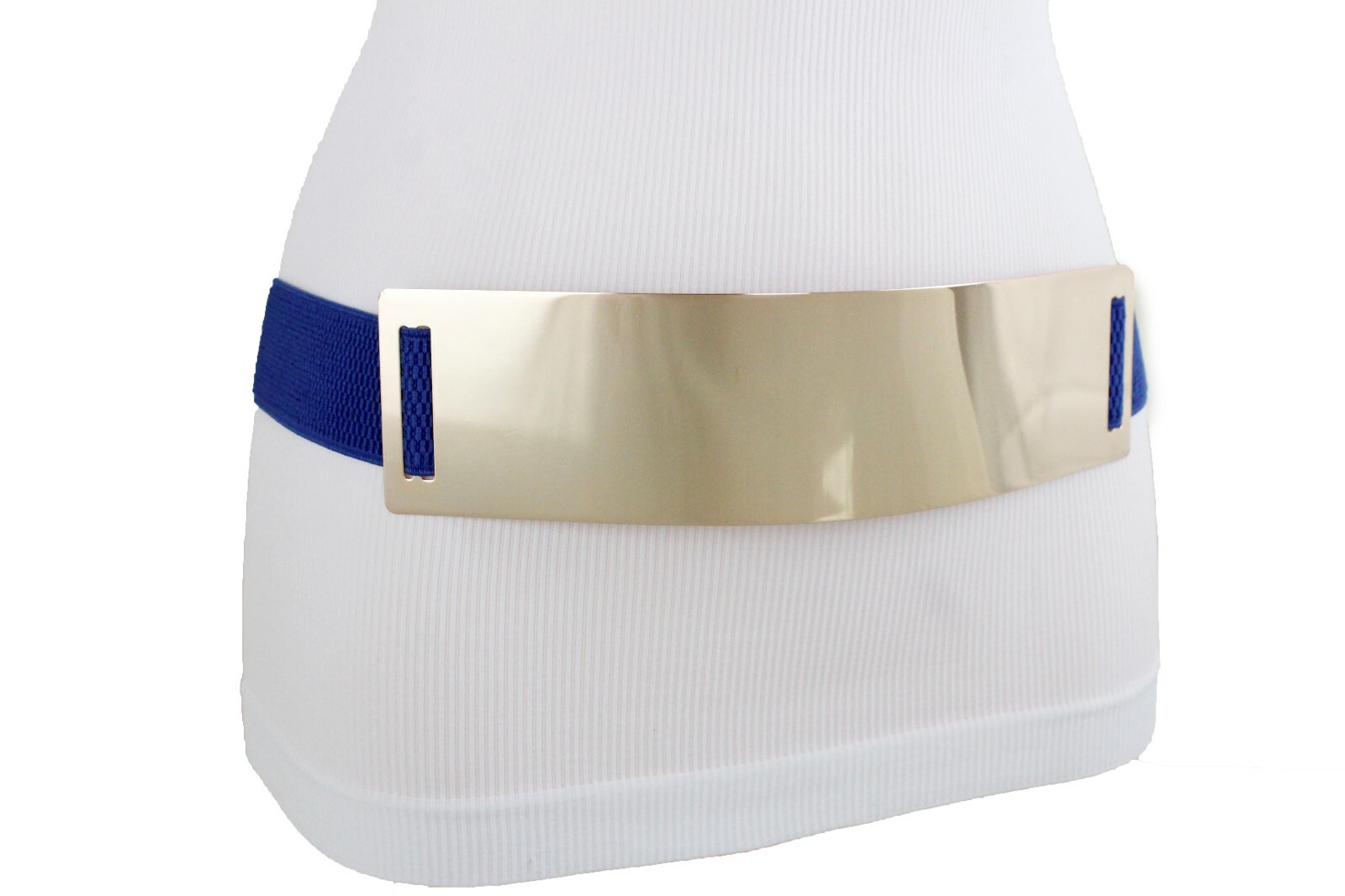 Women Gold Metal Plate Buckle Flashy Belt Hip Waist Elastic Blue Band ...