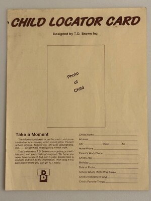 Child Locator Card TD Brown Inc Photos Fingerprints Missing Child ...