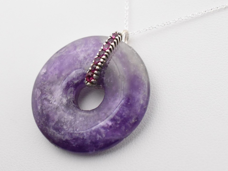 30mm Natural Amethyst Donut Pendant w/Ruby Bail 18" Sterling Silver ...