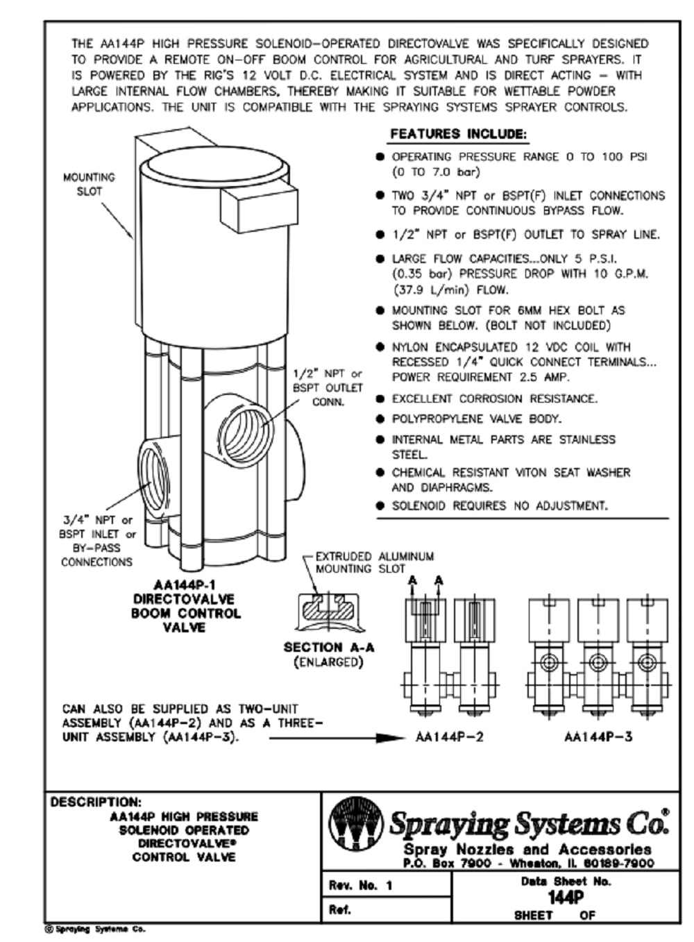 TeeJet DirectoValve Electric Control Single Solenoid Valve - AA144P-1 ...