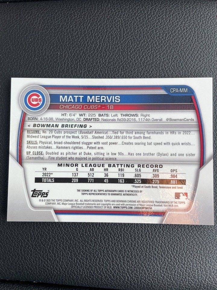 2023 Bowman Chrome Yellow Refractor Matt Mervis Cubs RC Rookie AUTO 16/ ...