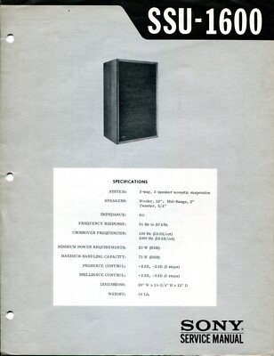 Sony Model SSU-1600 Speaker System Service Manual | eBay