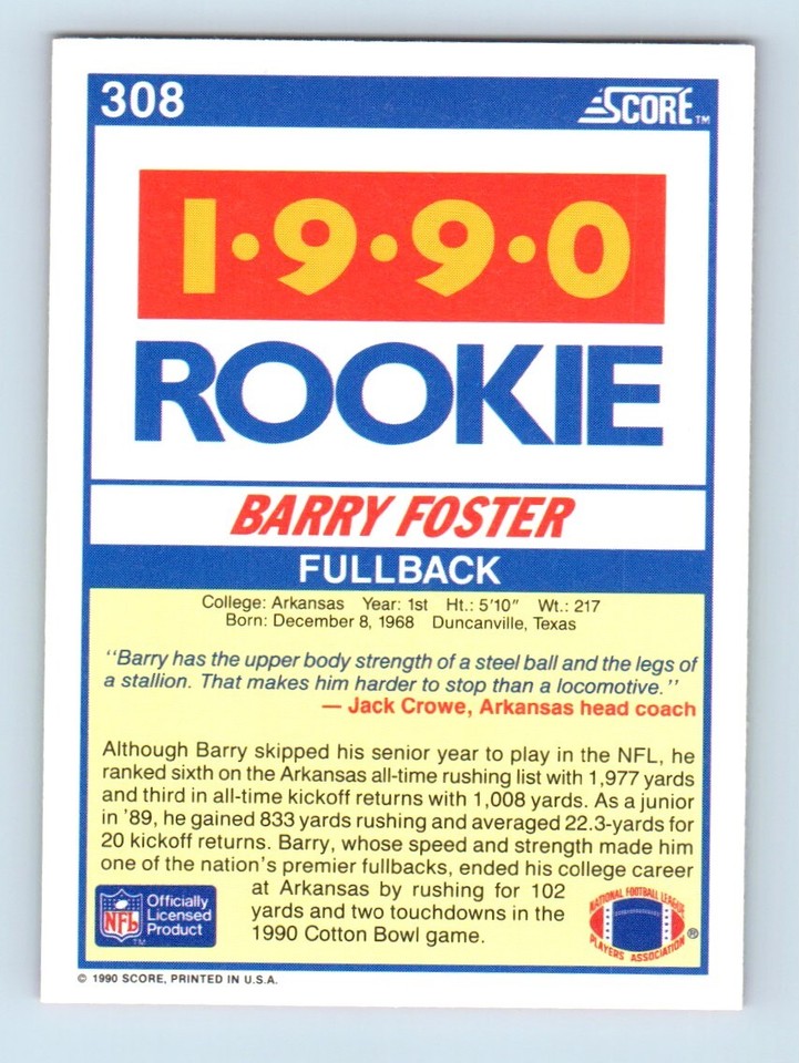 1990 Score Barry Foster Rookie Arkansas Razorbacks #308 | eBay