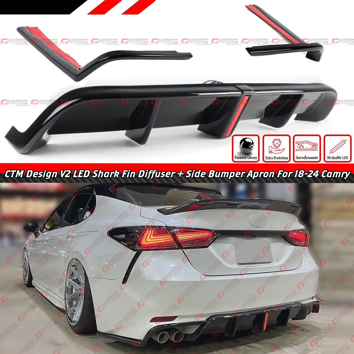 FOR 2018-2024 Toyota Camry CTM Gloss Black LED Rear Diffuser + V2 Side ...