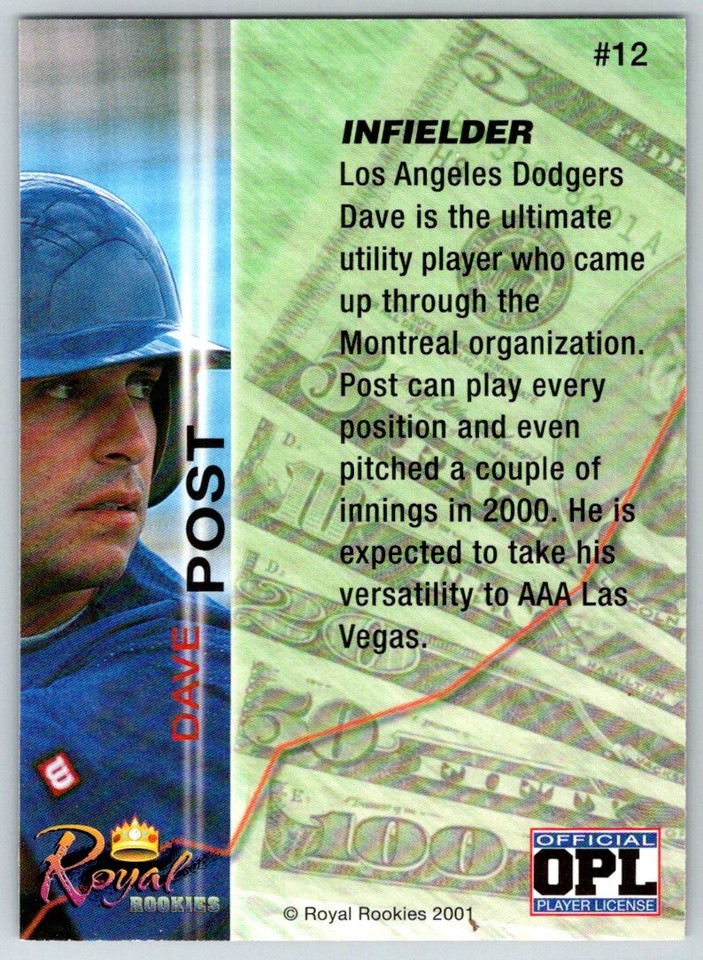 2001 Royal Rookies Futures Autographs Dave Post Auto /6995 Los Angeles ...