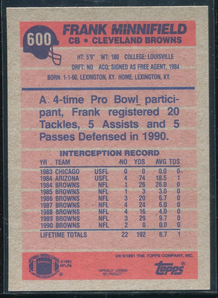 1991 Topps Football Frank Minnifield #600 Cleveland Browns | eBay