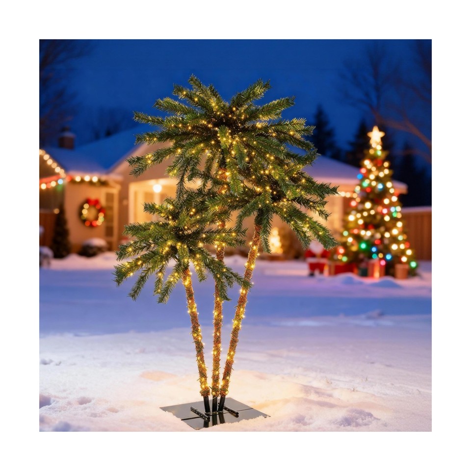 Tangkula 6FT Christmas Lighted Triple Palm Tree, Pre-lit Tropical Style ...
