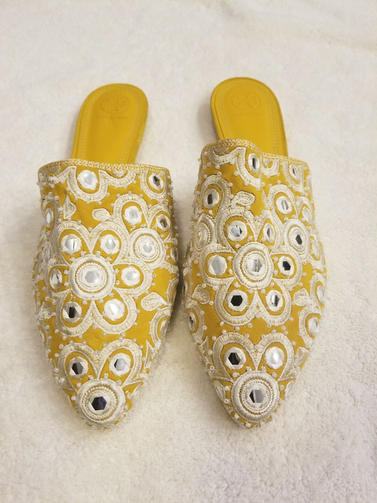 TORY BURCH Yellow Mirrored Beaded Mules Size 10.5 - Gem