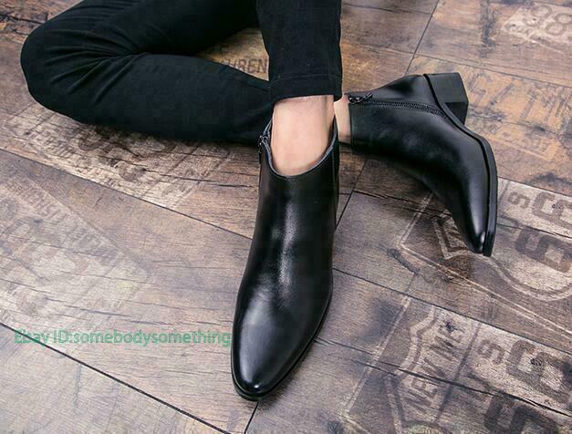 Men Ankle Leather Boots High Top Pointed Toe Zip Cuban Heel Dress ...