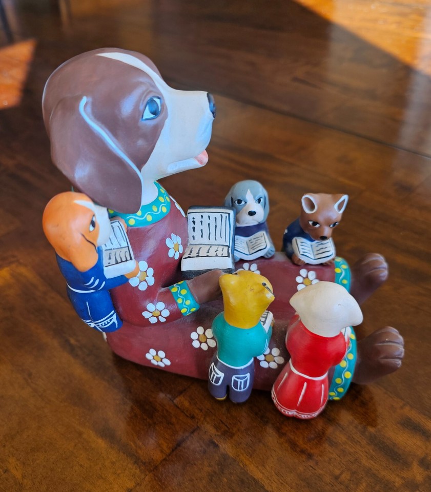 Peruvian Clay Pottery Storyteller Dog with 6 Puppies and Books, Vintage ...