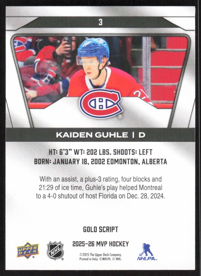 2025-26 Upper Deck MVP Gold Script Kaiden Guhle Card #3 - Montreal Canadiens | eBay