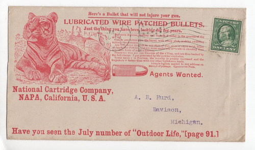 1910 US Advertising Cover, National Cartridge Company, Napa CA w/ Tiger ...