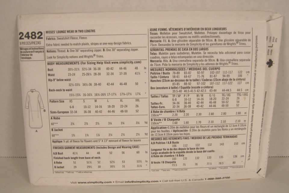Simplicity 2482 Lounge Wear: Robe & Jacket Pattern Misses' M-XXL (14-26 ...