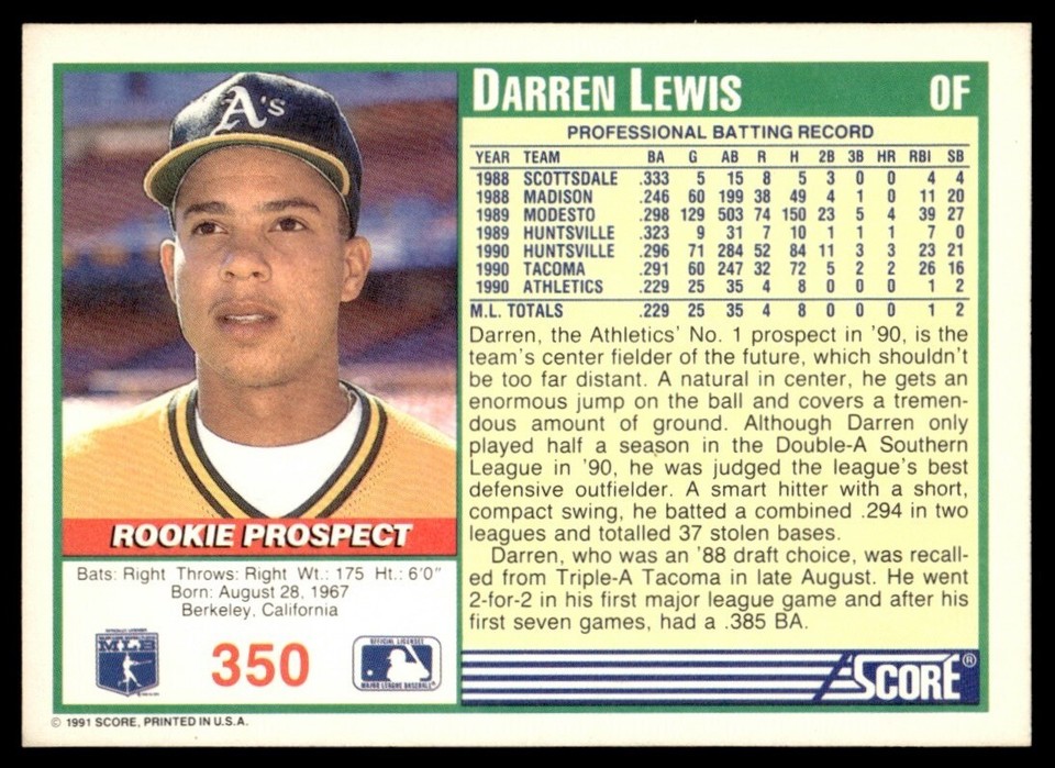 1991 Score Rookie Prospect #350 Darren Lewis Oakland Athletics | eBay
