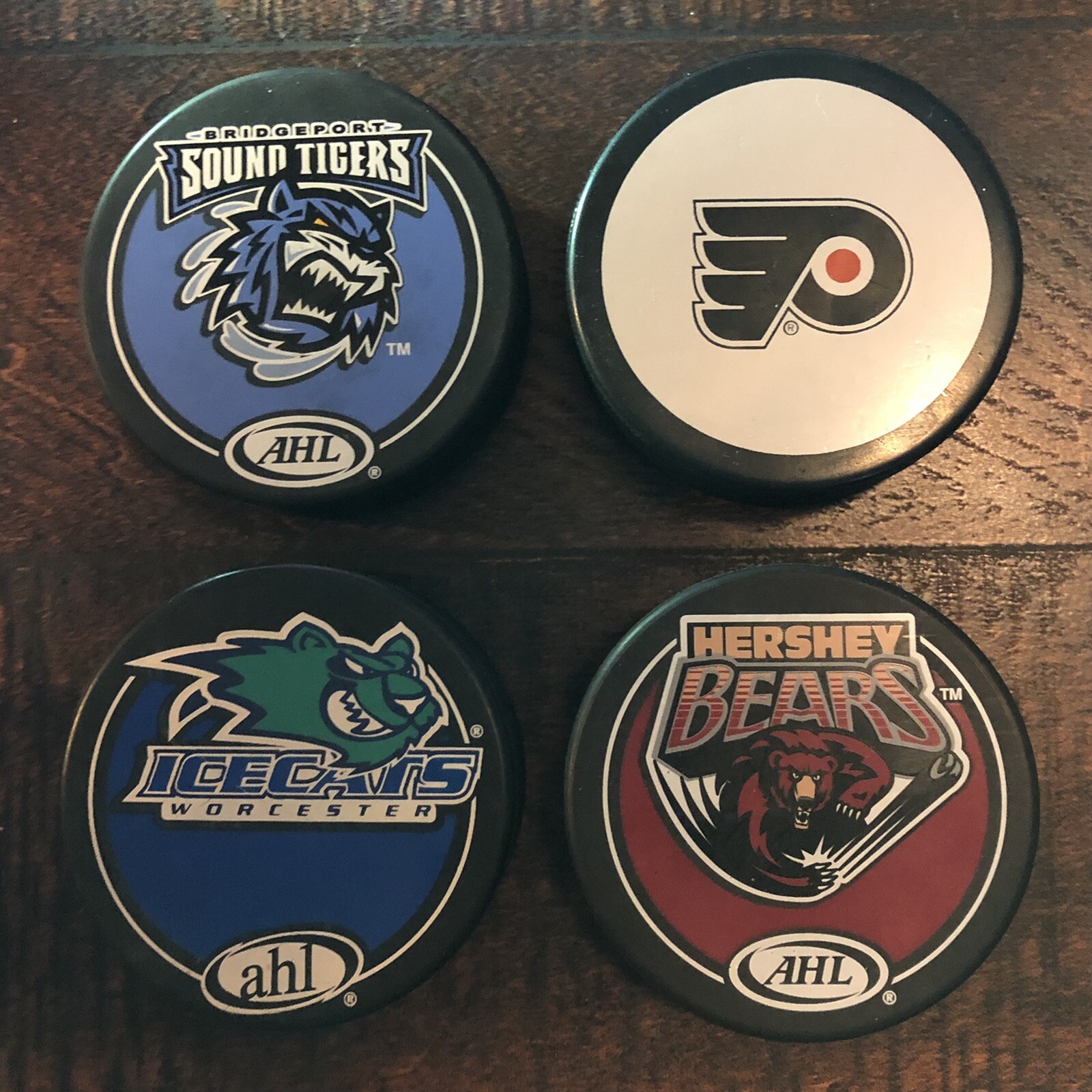 Lot Of 4 Vintage Hockey Pucks Souvenir AHL NHL Flyers Icecats Bears ...