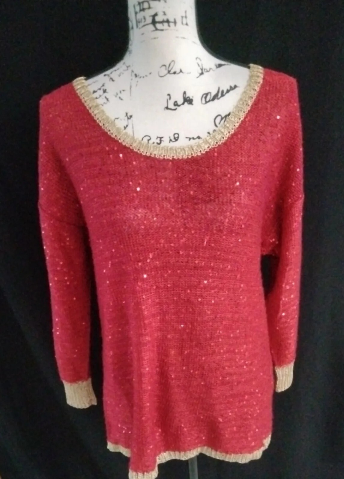 Reba Women's Red and Gold Sheer Sequin Embellished Sweater Size M ...