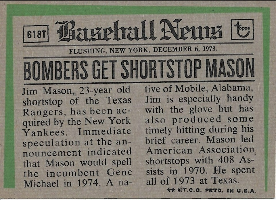 1974 Topps Traded Jim Mason 618 Yankees EX | eBay