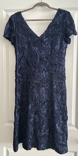 Lovely Alex Evenings size 14 navy blue rosette sequined lace formal/M-o ...