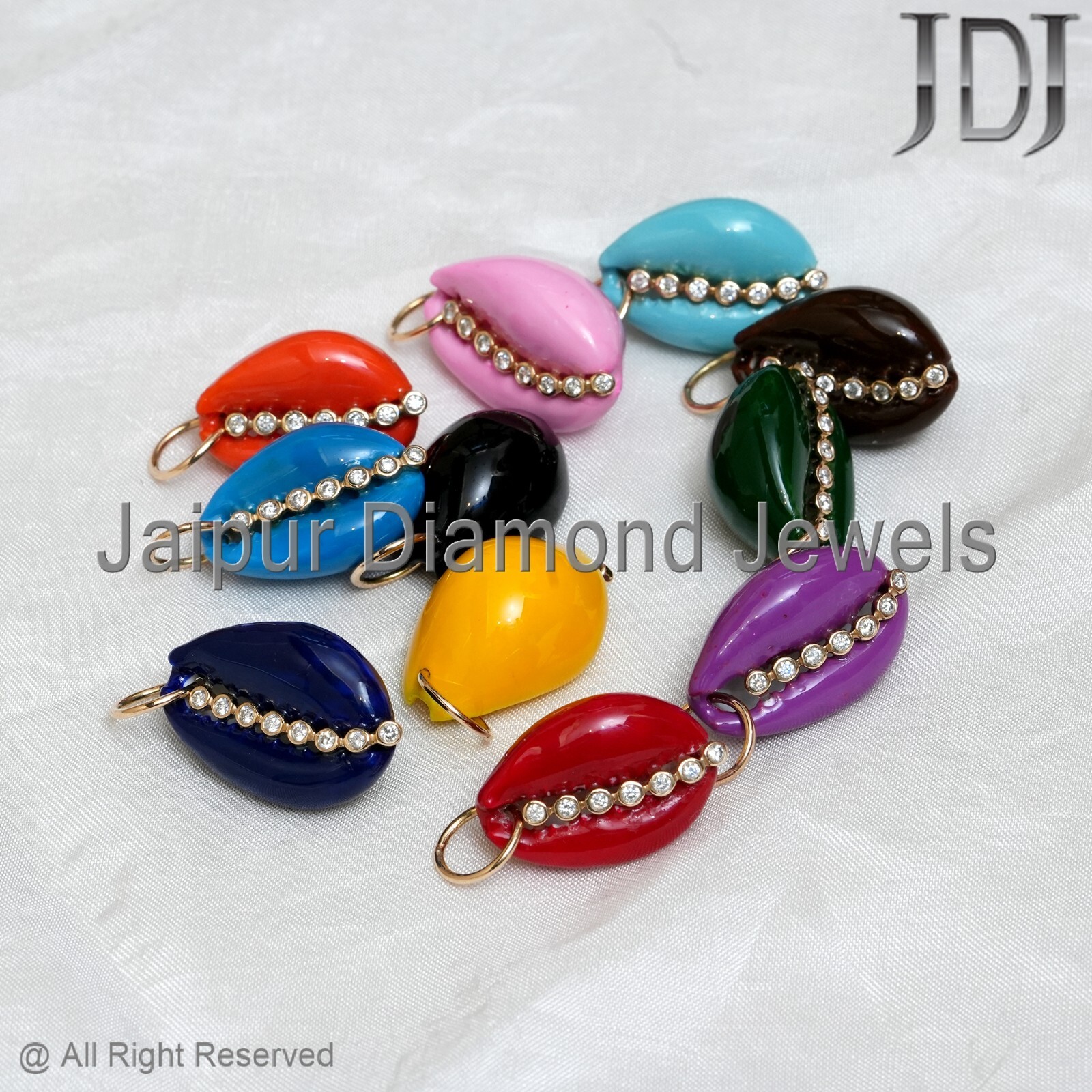 14k Solid Yellow Gold Cowrie Shell Natural Diamond Enamel Jewelry ...