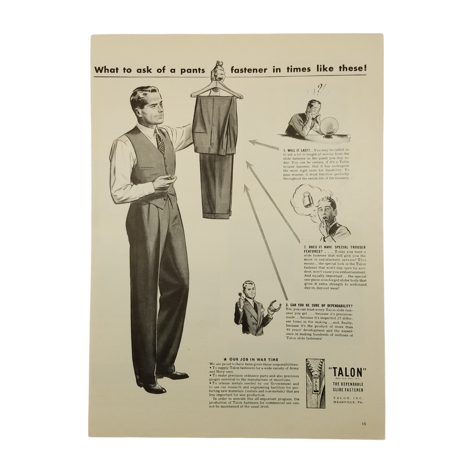 1942 Talon Slide Fastener Vintage Print Ad What To Ask Of A Pants ...
