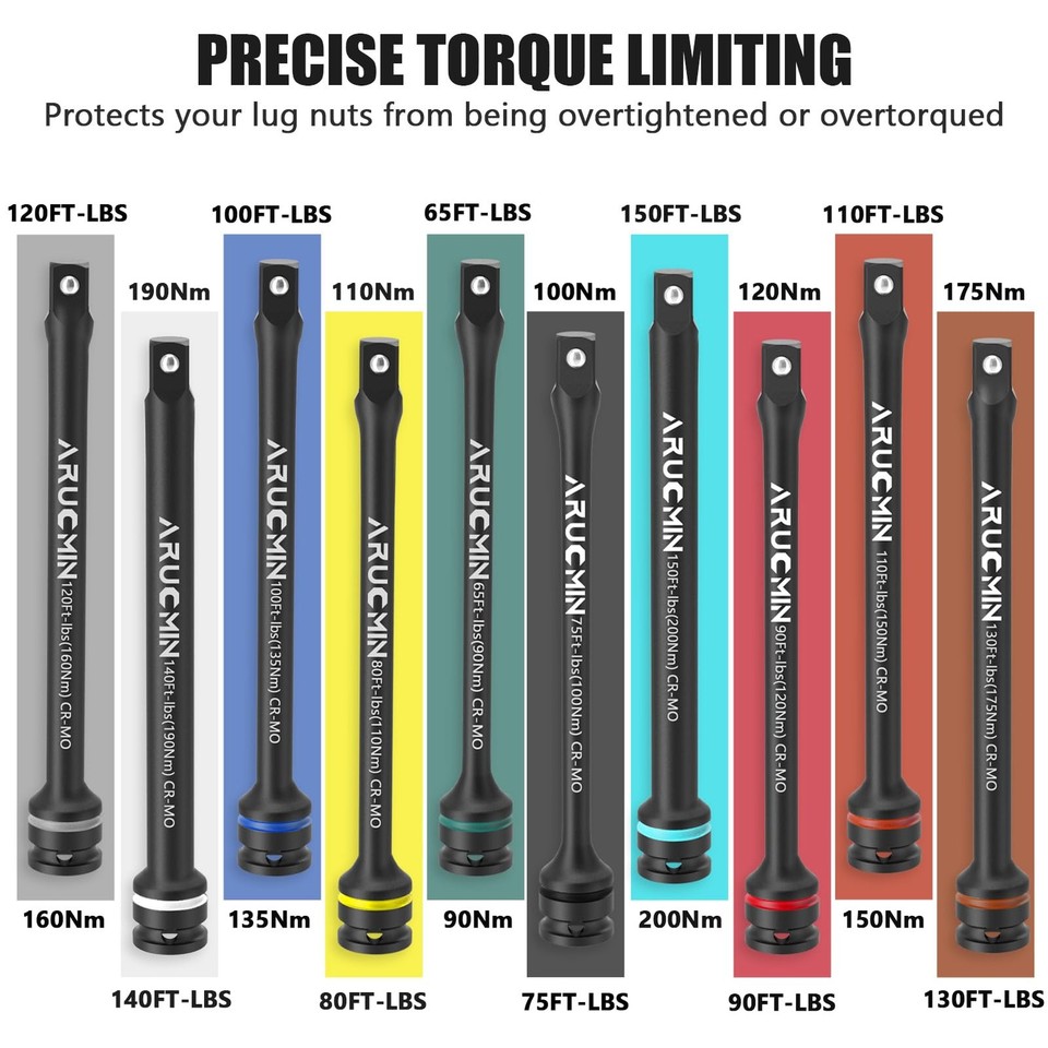 1/2" Drive Torque Limiting Extension Bar Set, 10-Piece Lug Nut Torque ...
