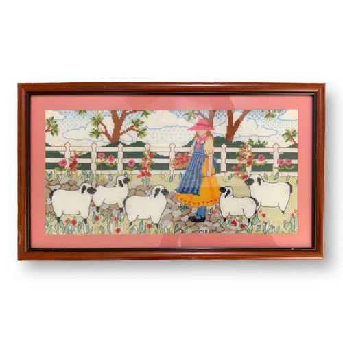Vintage Cross Stitch Needlepoint Little Bo Peep Framed Garden Nursery ...