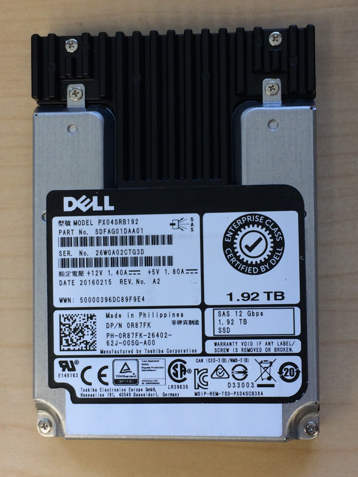 DELL/TOSHIBA 1.92TB 2.5" 12Gb/s SAS SSD PX04SRB192 DELL/N 0R87FK *80% ...