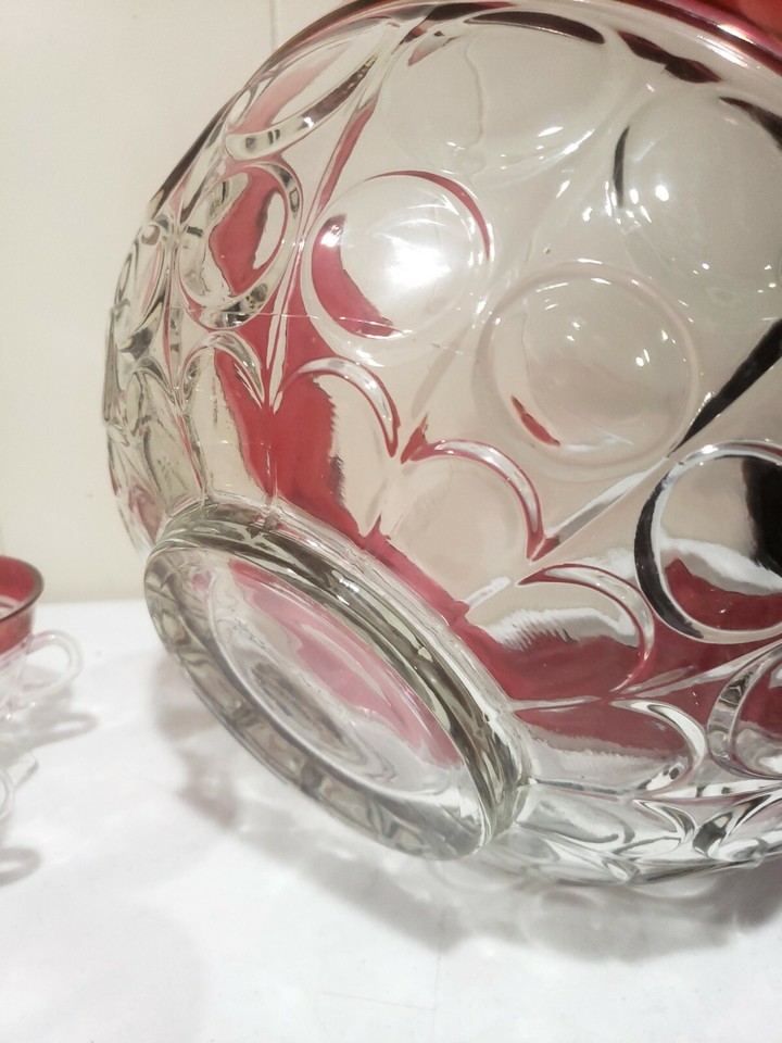 Vintage Indiana Glass Kings Crown Ruby Punch Bowl Set W/ 12 Footed Cups ...