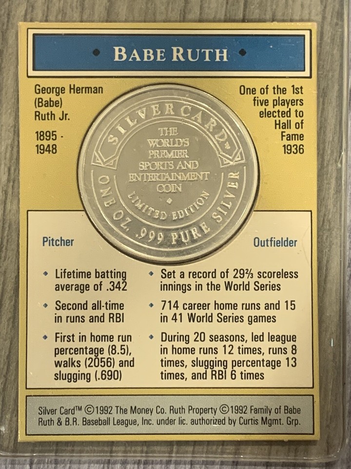 1992- Babe Ruth The Great Bambino- 1 oz .999 Silver Card Trading Card ...