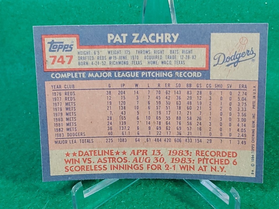 1984 Topps #747 Pat Zachry Los Angeles Dodgers MLB Vintage Baseball ...