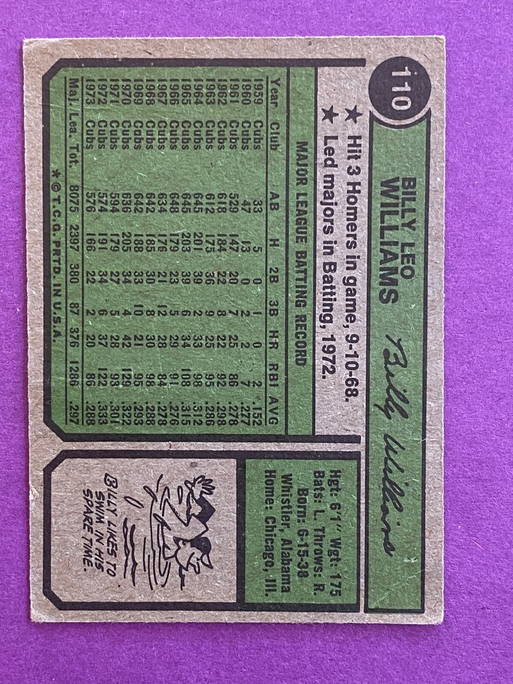 1974 Topps Baseball #110 BILLY WILLIAMS Chicago Cubs LOW GRADE (crease ...