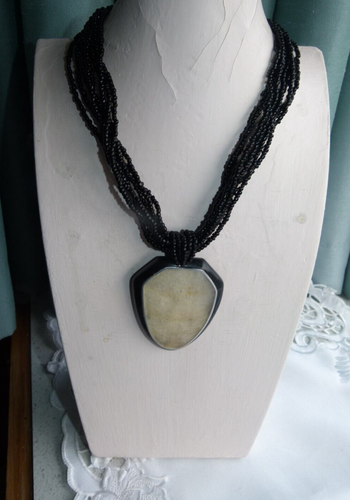 JEWELLERY MULTI STRAND NECKLACE OF BLACK GLASS BEADS PEARLY GEO PENDANT ...