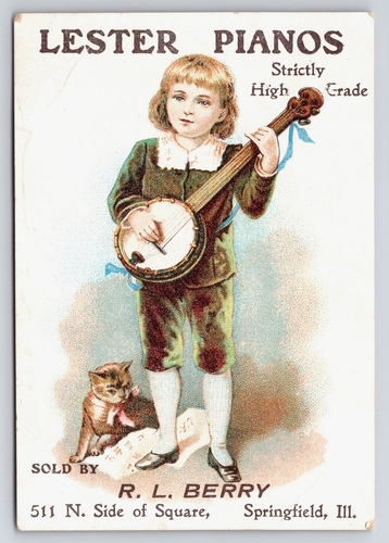 VINTAGE OLD ANTIQUE LESTER PIANO COMPANY ADVERTISEMENT CARD BOY BANJO ...