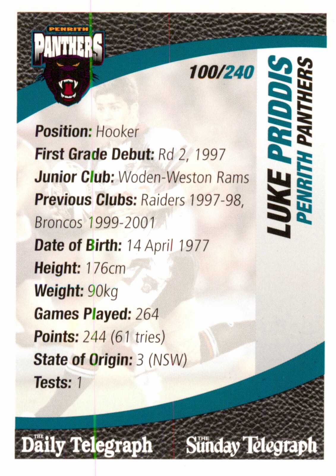 New 2008 PENRITH PANTHERS NRL Card LUKE PRIDDIS Centenary Daily ...