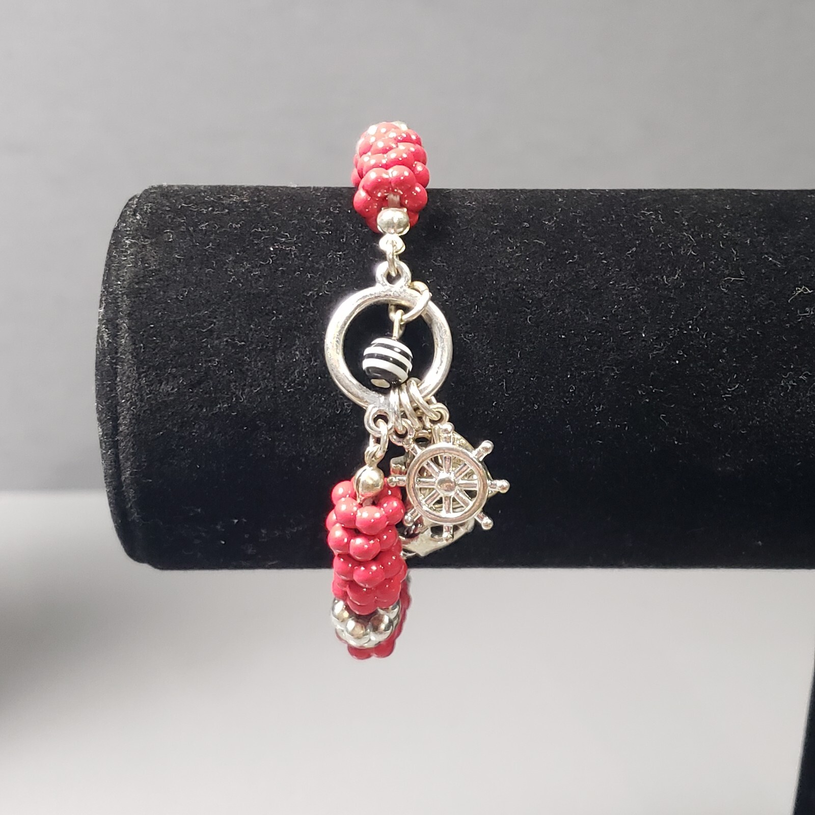 Beaded Elastic Charm Bracelet Silver Tone Red Mid Century Modernist ...