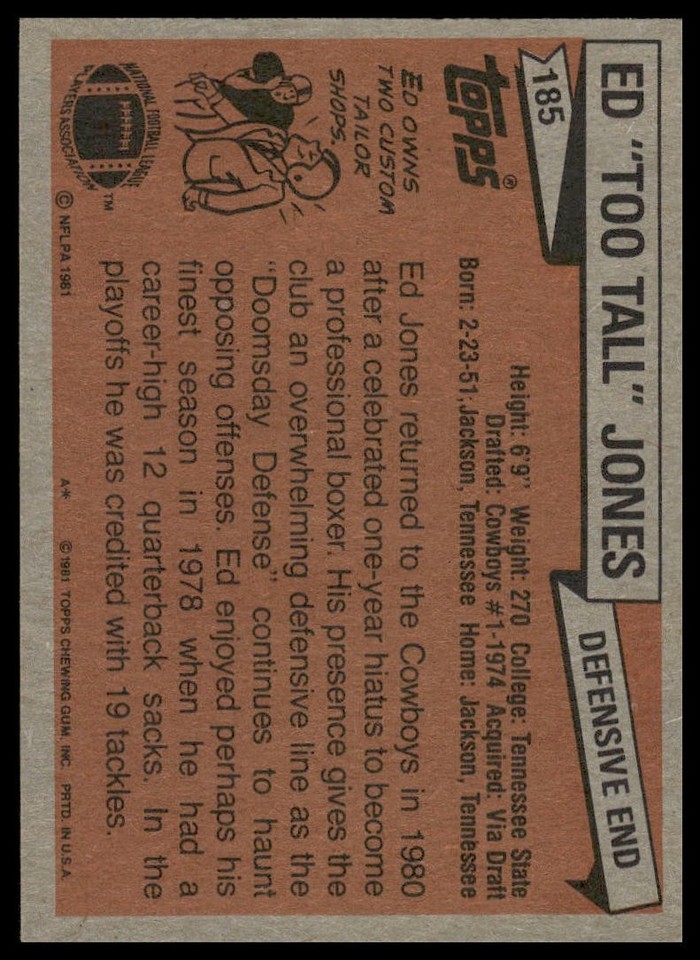 1981 Topps #185 Ed "Too Tall" Jones Dallas Cowboys NM+ | eBay