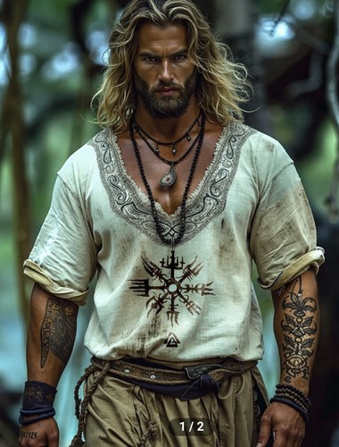 Men’s Cotton Linen Viking Compass Totem Shirt | eBay