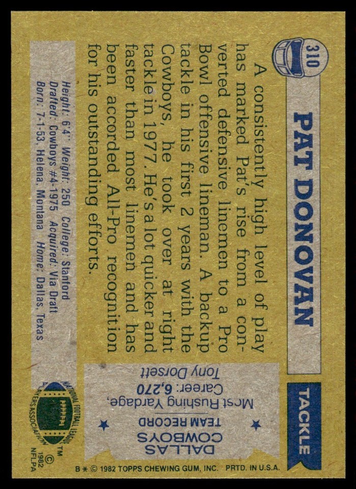 1982 Topps Pat Donovan Dallas Cowboys #310 | eBay