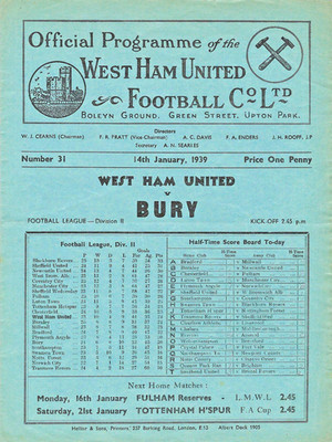 WEST HAM UNITED V BURY ~ 14 JANUARY 1939 ~ VERY GOOD CONDITION ...