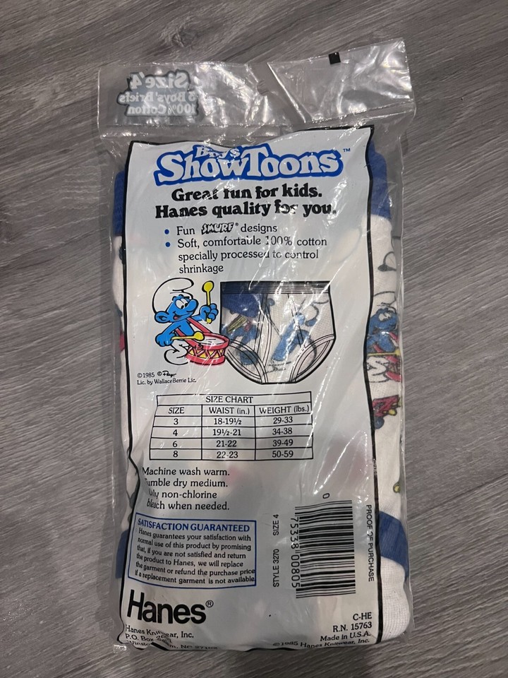Vintage 1983 Hanes Boys ShowToons Smurfs Size 4 Brief Underwear FunPals ...