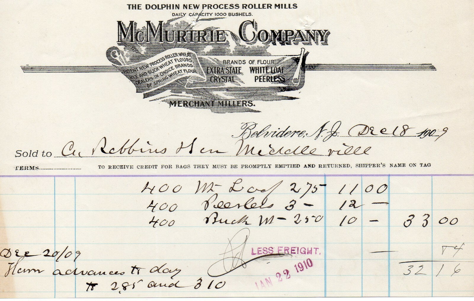 Dec 18, 1909 McMurtrie Company Merchant Millers original paper invoice ...