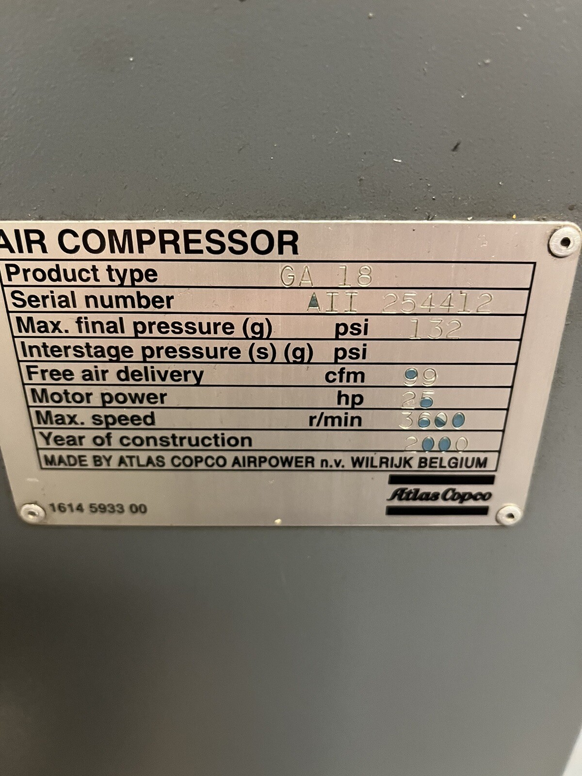 Atlas Copco GA18 Air Compressor 25 HP 09171840001 for sale online | eBay