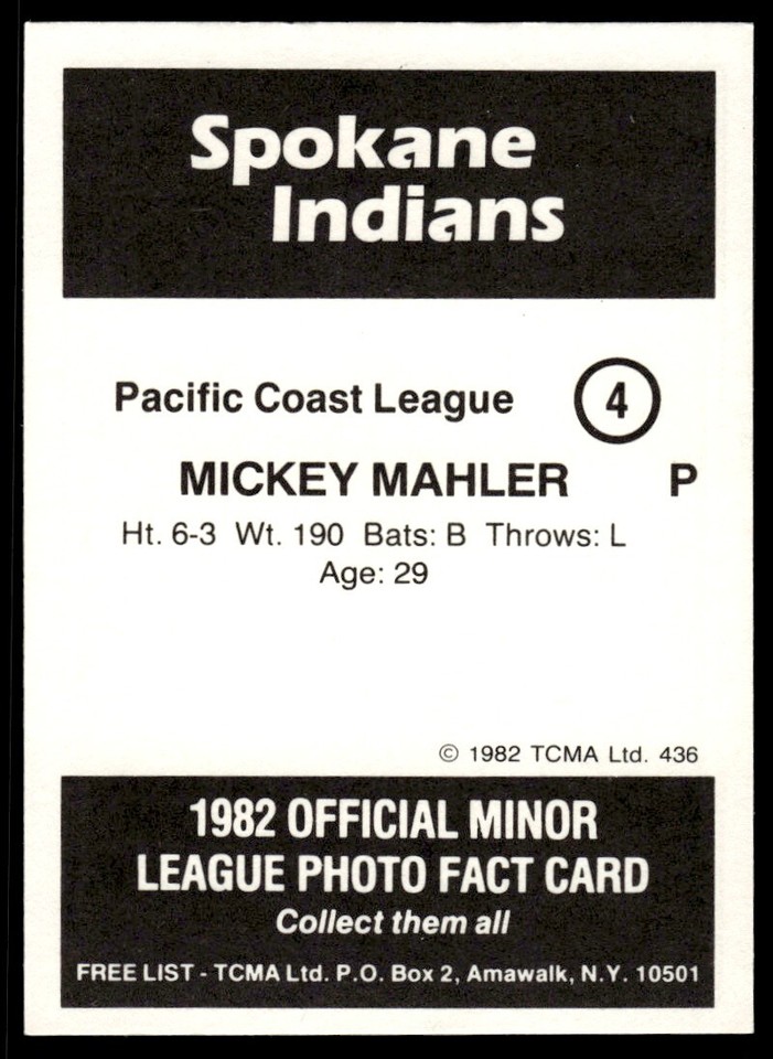 1982 TCMA Spokane Indians Mickey Mahler Spokane Indians #4 | eBay